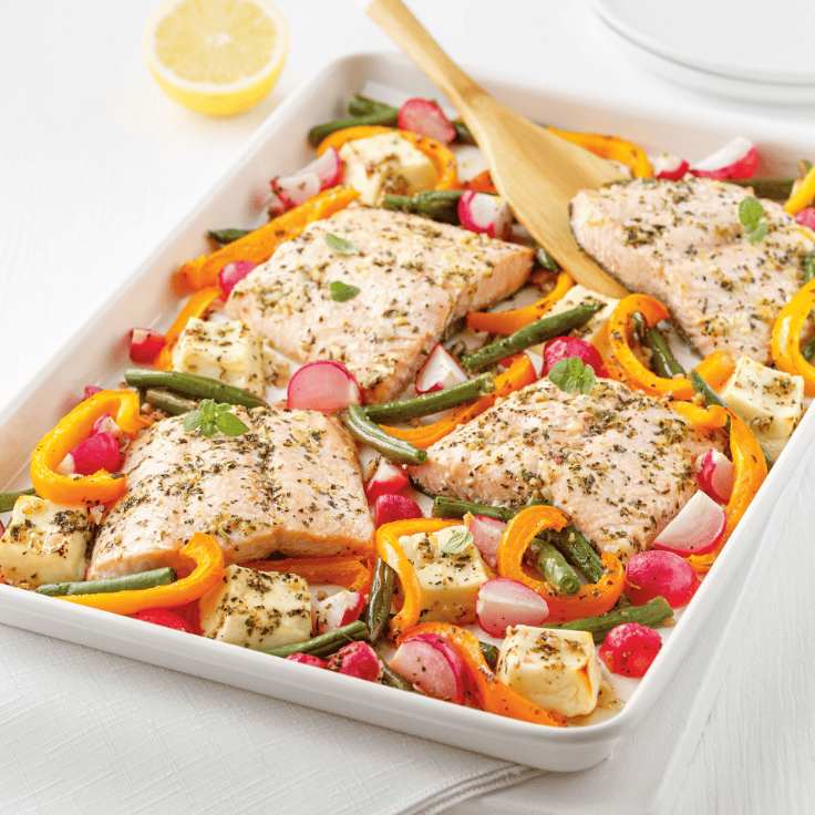 Sheet pan salmon, halloumi and veggies recipe | Super C